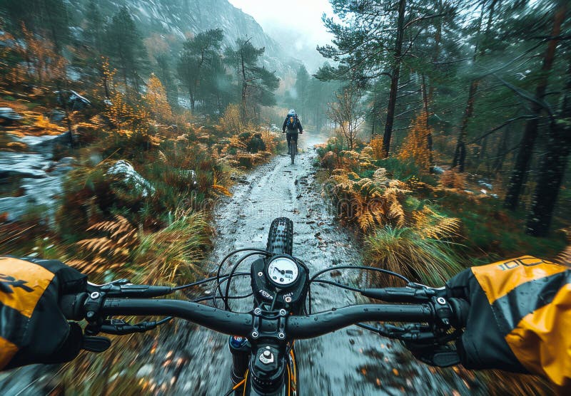 Mountain Biker Rides Single Trail in the Forest Stock Image - Image of ...