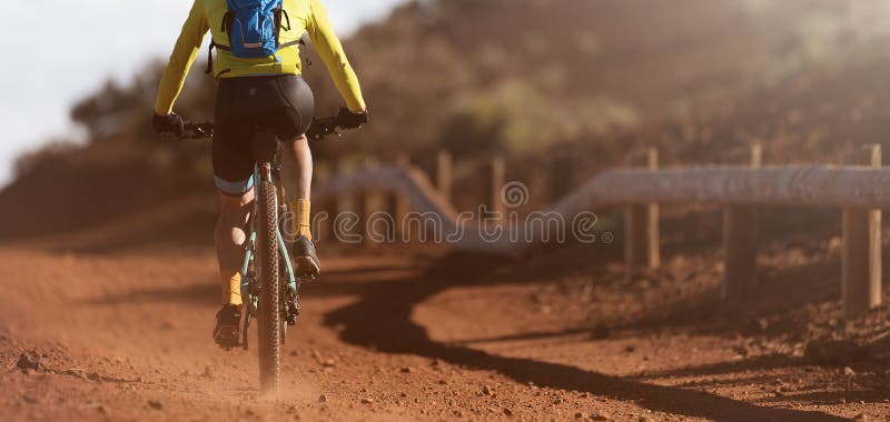 Mountain Biker Riding on Bike Singletrack Trail, Back View of Mountain ...