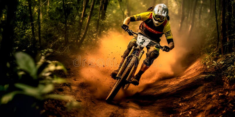 Mountain Biker Riding Down a Steep Hill at High Speed. Stock ...