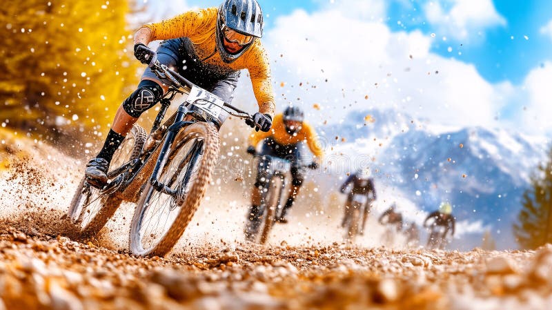 Mountain Biker is Riding Fast on a Scenic Trail Stock Illustration ...