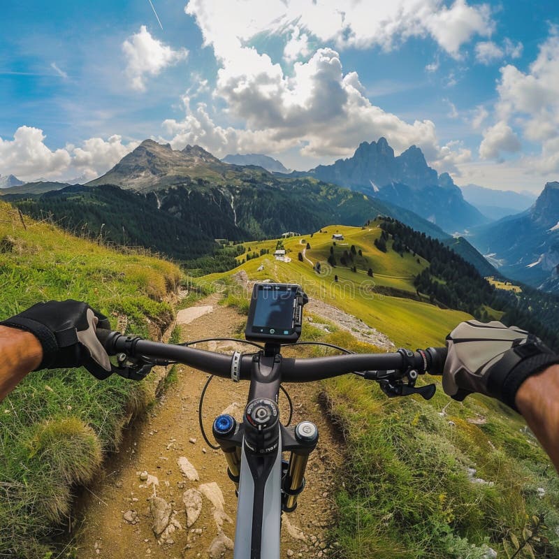 A Mountain Biker Riding in Mountains with an Action Camera. Adventure ...