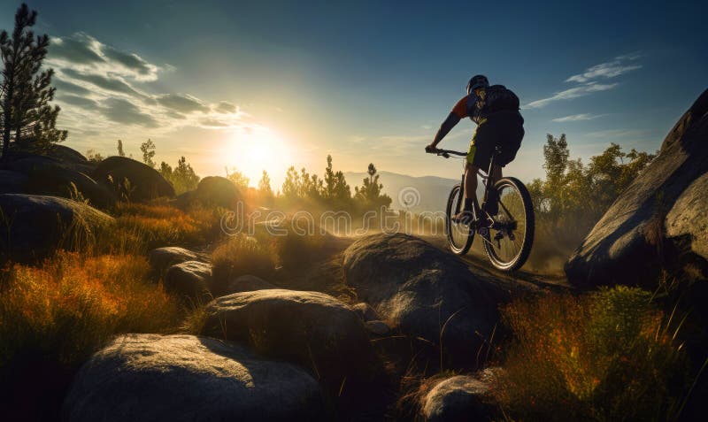 Mountain Biker Riding by the Rocks. Beautiful Nature at Sunset in ...