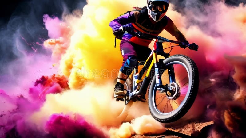 Mountain Biker Riding through Vibrant Colored Smoke Explosion Stock ...