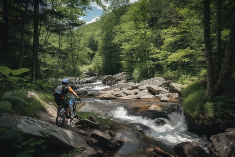 Mountain Biker on Technical Singletrack, with View of Rushing Creek in ...