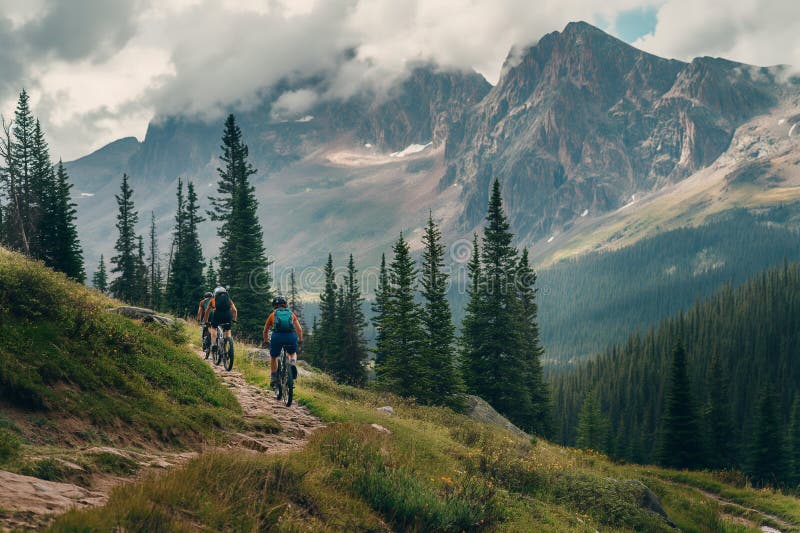 Mountain Bikers Navigating a Scenic Alpine Trail Stock Illustration ... Mountain Bikers Navigating a Scenic Alpine Trail Stock Illustration ...
