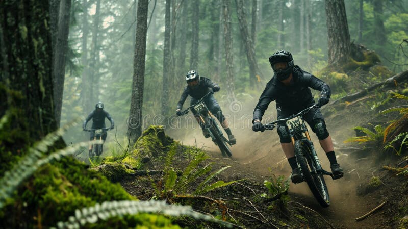 Mountain Bikers Navigating a Technical Downhill Trail Stock Image ...