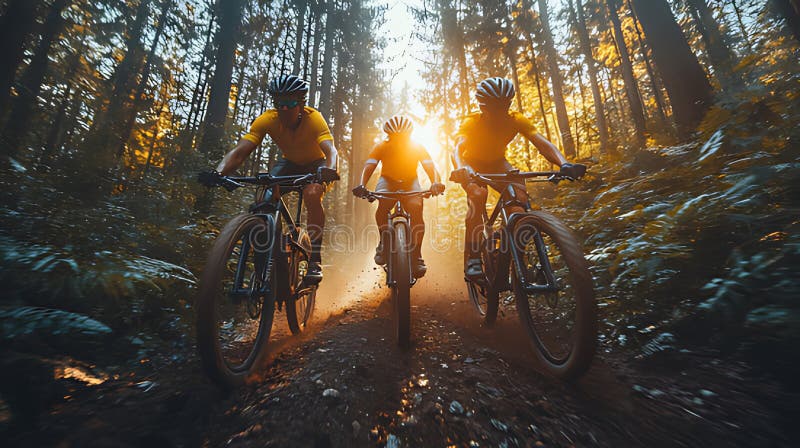Mountain Bikers Ride Forest Trail Sunset Teamwork Stock Illustration ...