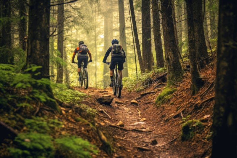 Mountain Bikers Riding through Misty Forest. Generative AI Stock Image ...