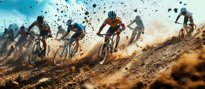 Mountain Biking Race, Cyclists Speeding through Dusty Terrain, Intense ...