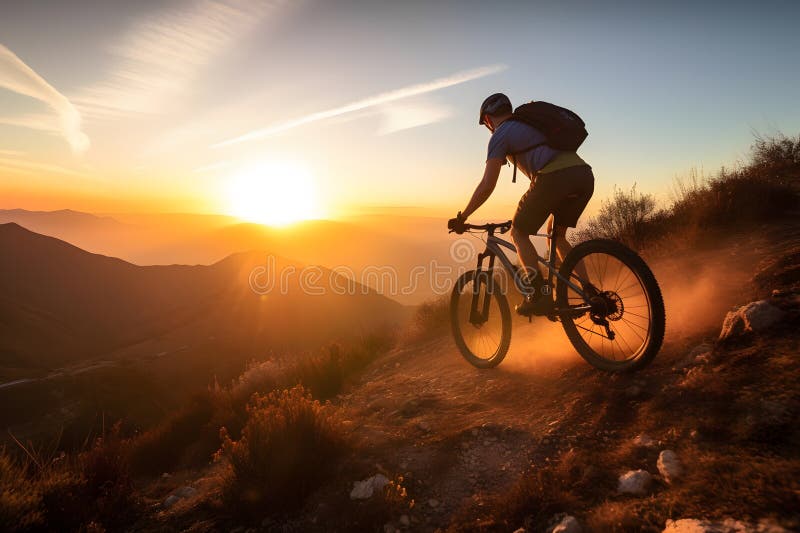 Mountain Biking in Sunset, Generative AI Stock Illustration ...