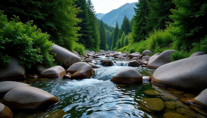 Mountain Brook Babbling Over Smooth Rounded Rocks Brook Scenery Stock Illustration ...