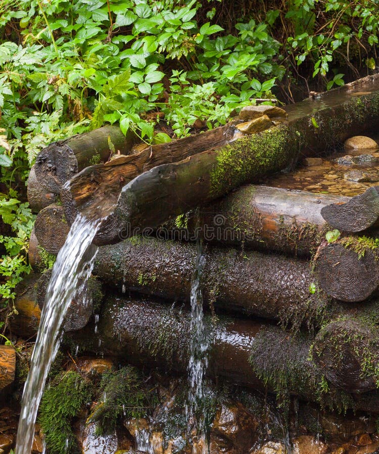 Mountain Brook. Wooden Log Well Stock Image - Image of shaft, flow ...