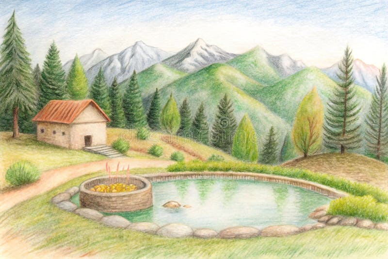 Mountain Cabin, Pond, and Stone Well Scenic Drawing Stock Illustration ...
