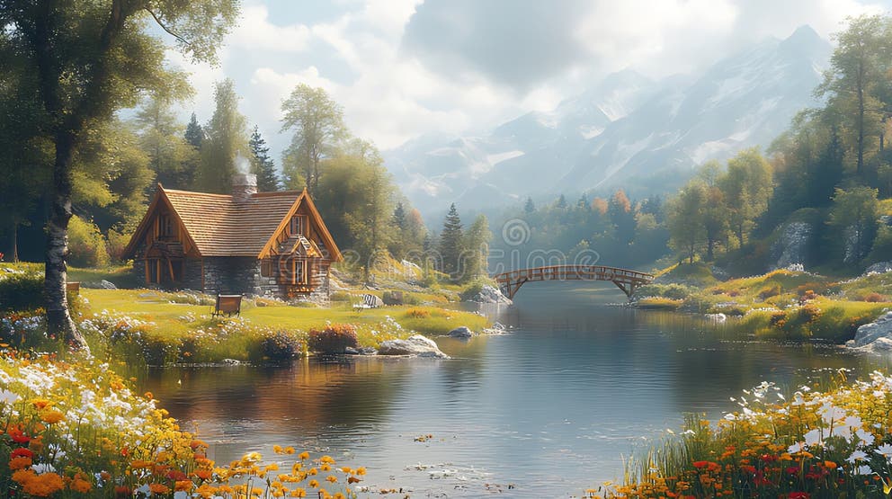 Mountain Cabin River Bridge Idyllic Spring Scene Stock Illustration ...