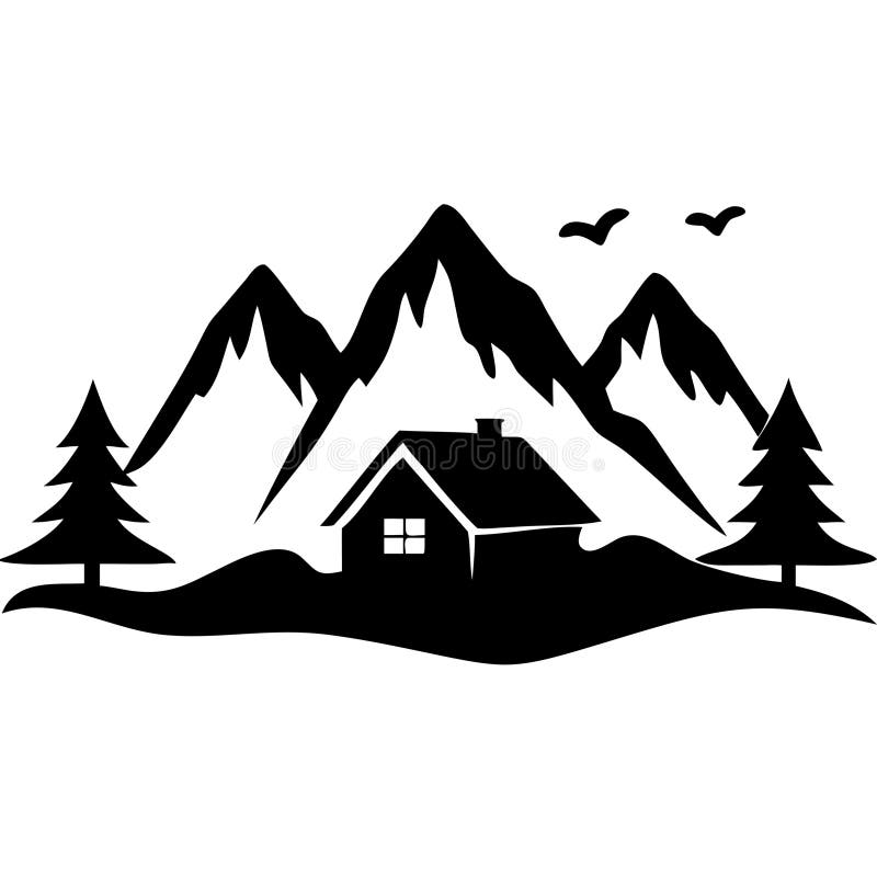 Mountain Cabin Silhouette with Pine Trees and Birds Vector for Nature ...