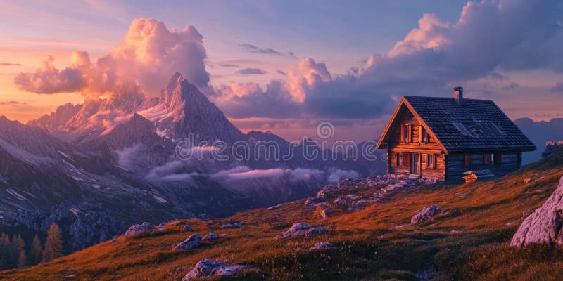 Mountain Cabin at Sunset, stock photo. Image of hour - 381883572