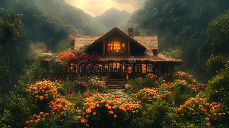 Mountain Cabin Sunset, Flowers, Idyllic Valley, Escape Stock ...