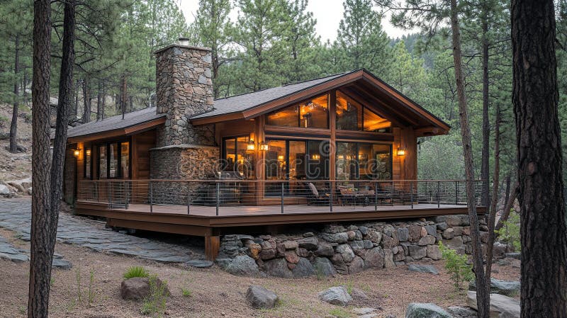 Mountain Cabin Twilight Forest Deck View Stock Photo - Image of ...