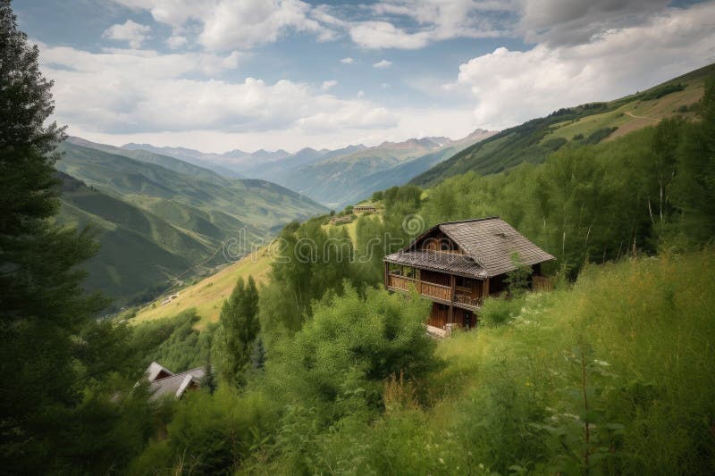 Mountain Cabin with a View of the Valley, Surrounded by Lush Greenery ...