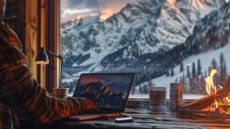 Mountain Cabin Workspace â€“ Professional Working on a Laptop Stock ...