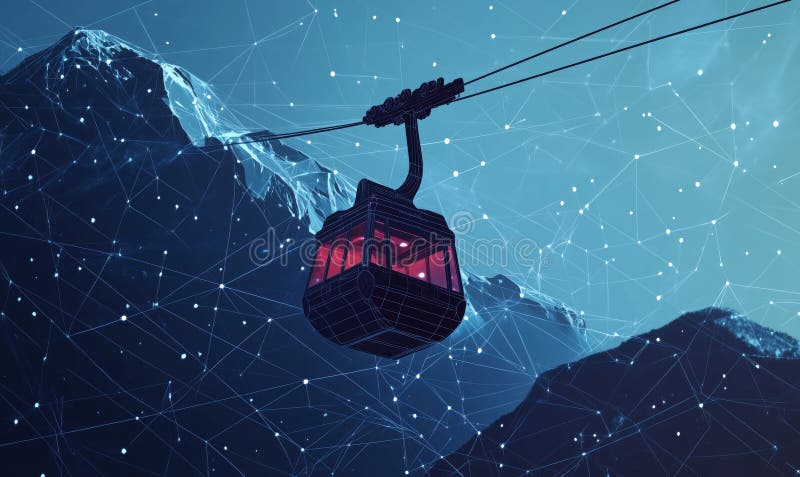 Mountain Cable Car Traversing Digital Landscape with Starry Sky and ...