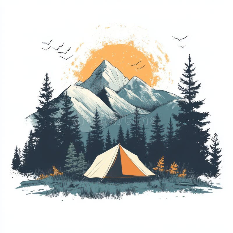 Mountain Camping Scene Sunset Tent Pines Trees Landscape Stock ...