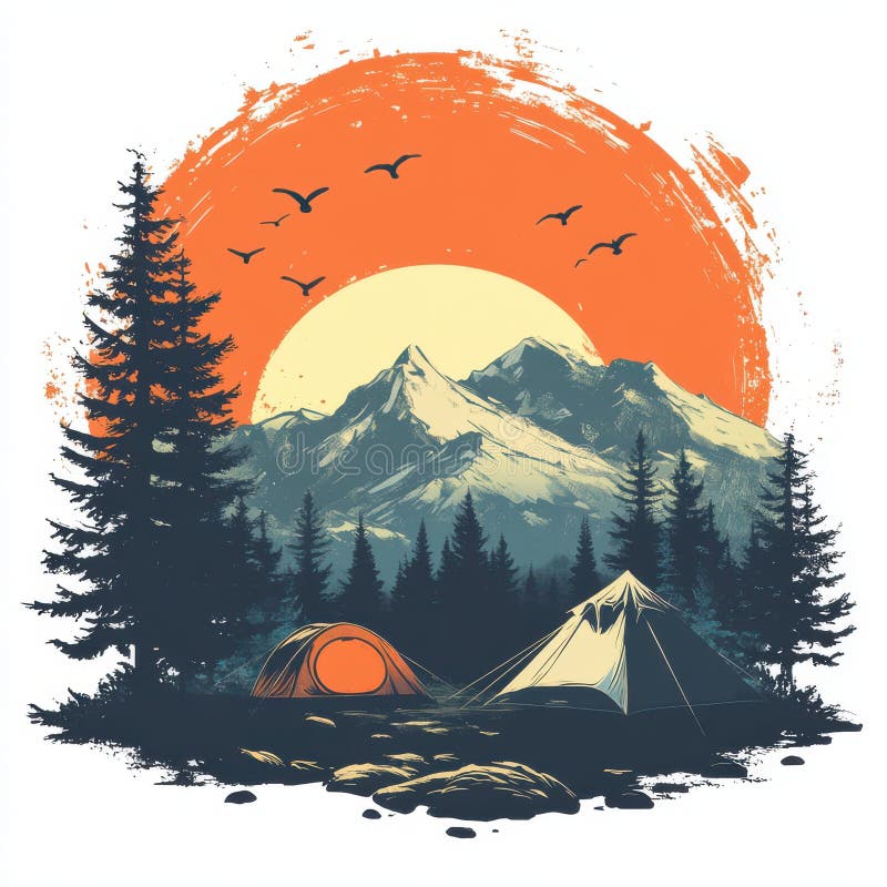 Mountain Camping Scene Sunset View Tents Nature Landscape Stock ...