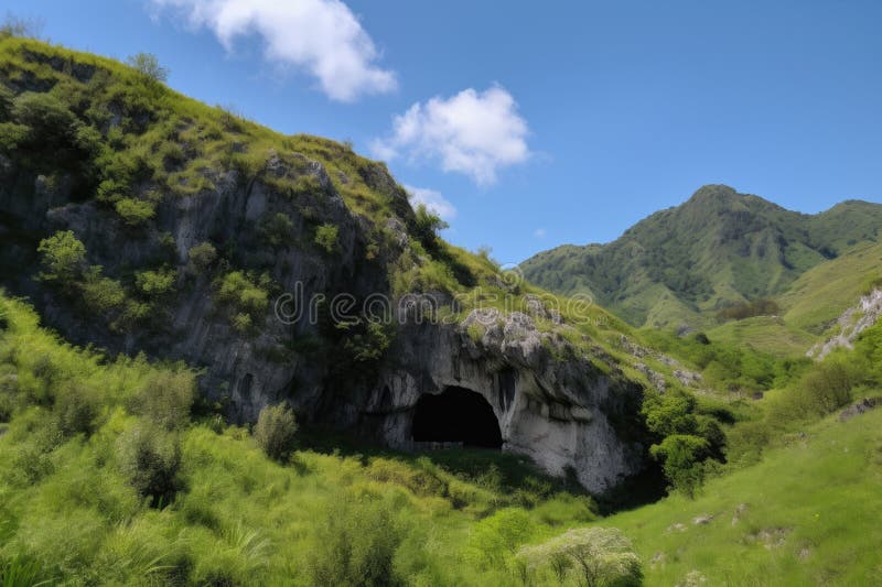 Mountain with Cave in Its Side, Surrounded by Lush Greenery and Clear ...