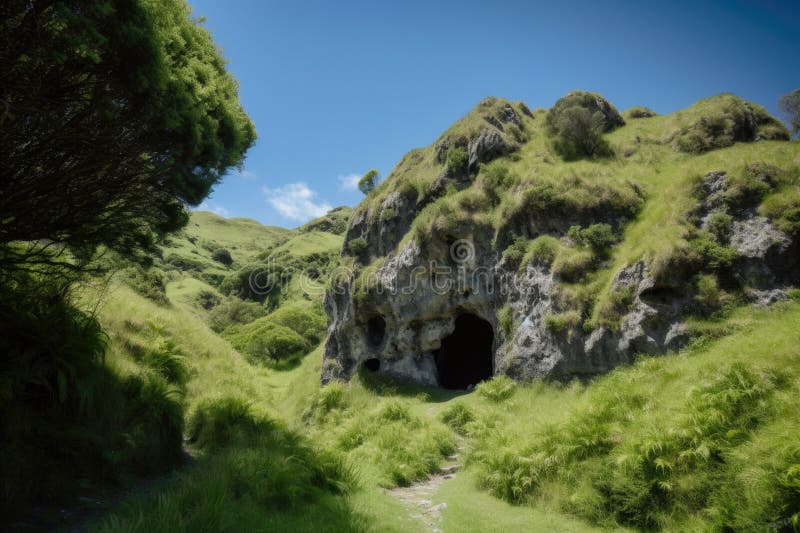 Mountain with Cave in Its Side, Surrounded by Lush Greenery and Clear ...
