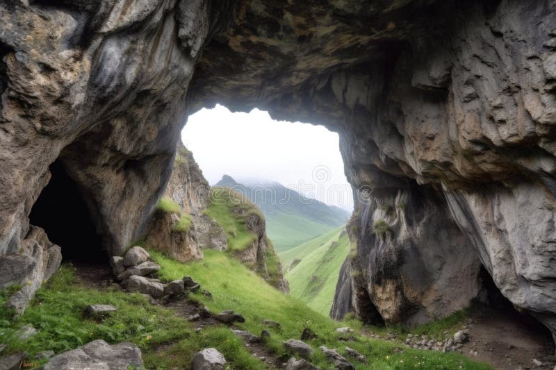 Mountain with Cave-in Revealing the Inside of Mountain, Including Rock ...