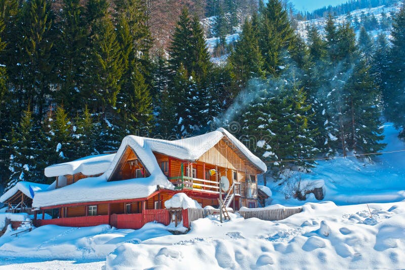 Winter Ski Chalet and Cabin in Snow Mountain Stock Photo - Image of ...