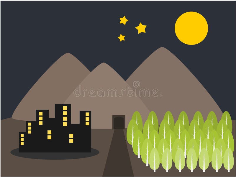 Mountain City and Tree at Night Illustration Stock Vector ...