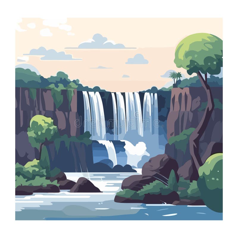 Mountain Cliff Tree, and Water Flowing Below Stock Vector ...