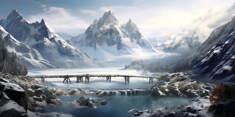 Views of Rocky Snow Mountain Peaks and River Valleys Stock Illustration ...