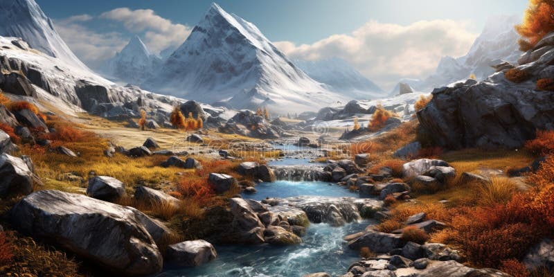 Views of Rocky Snow Mountain Peaks and River Valleys Stock Illustration ...