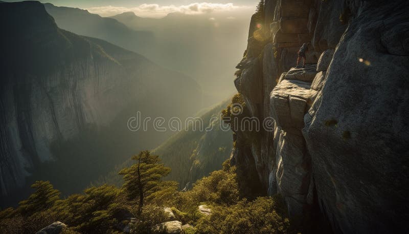 Mountain Climber Reaches Majestic Summit at Dawn Generated by AI Stock ...