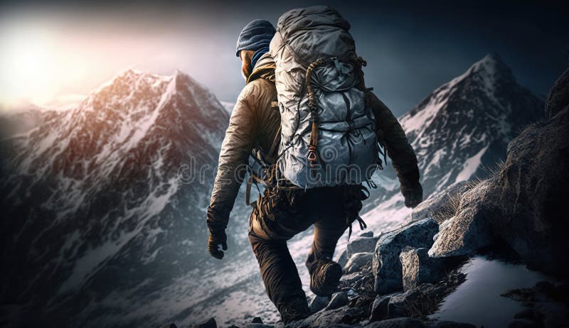 Mountain Climber Scaling a Peak, with a Sense of Challenge and ...