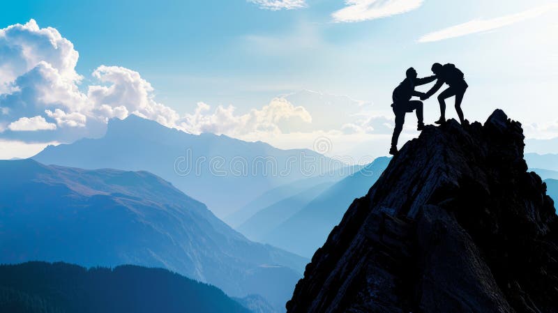 Mountain Climbers Helping Each Other on a Peak Against a Scenic ...