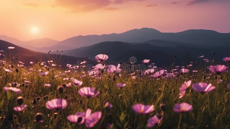 Mountain with Cosmos Blooming. Illustration AI Generative Stock ...