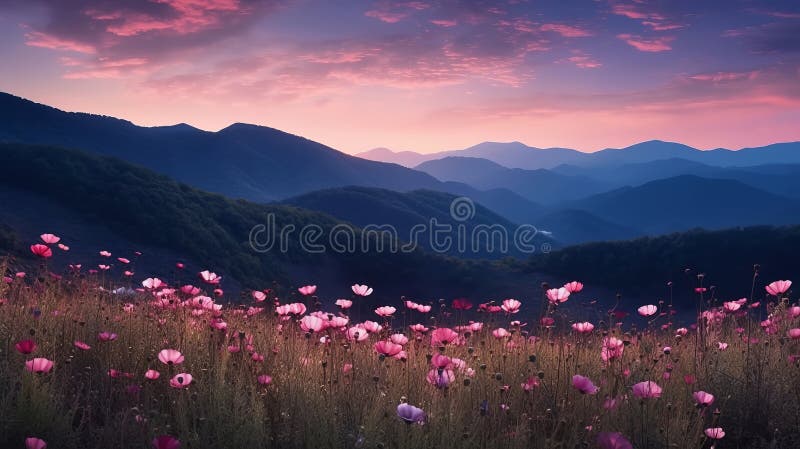 Mountain with Cosmos Blooming. Illustration AI Generative Stock ...