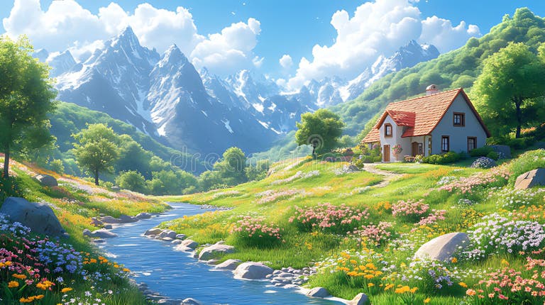 Mountain Cottage Idyllic Spring Stream Valley Scene Stock Illustration ...