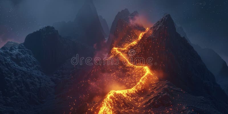 A Mountain Covered in Flowing Lava with a Visible Trail Running through ...