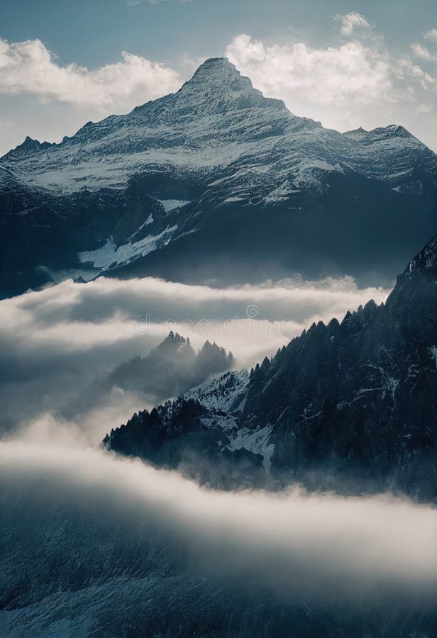 A Mountain Covered in Fog and Clouds Under a Blue Sky with Clouds Below ...