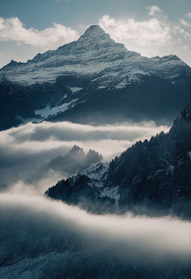 A Mountain Covered in Fog and Clouds Under a Blue Sky with Clouds Below it and a Few Trees Below ...