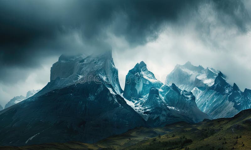 Mountain Covered in Snow and Clouds with Dark Sky Stock Image - Image ...