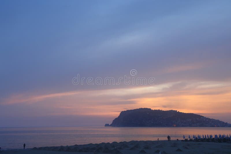 Mountain and Deserted Beach in the Rays of the Setting Sun in Alanya ...