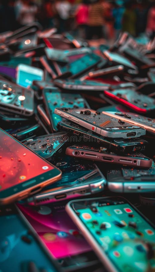 A Mountain of Discarded Smartphones Highlighting Electronic Waste and ...