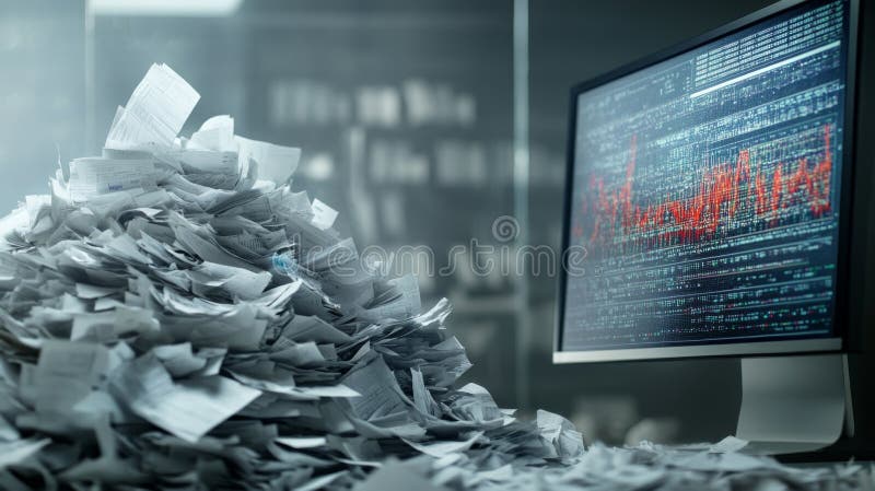 Mountain of Documents with Computer Screen and Data Visualization Stock ...