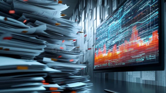 Mountain of Documents with Digital Data Visualization Displayed Stock ...