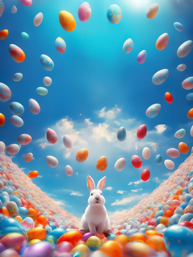 Mountain of Easter Eggs Flying Around a White Easter Bunny - Flyer ...